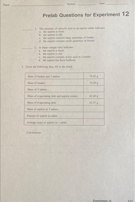 Solved Name Section Date Prelab Questions for Experiment 12 | Chegg.com