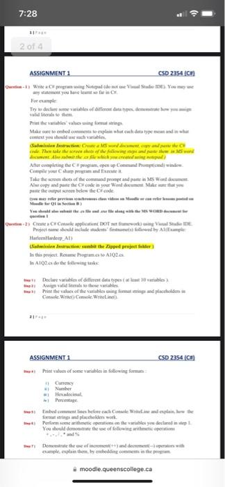 Solved 7:28 2 of 4 ASSIGNMENT 1 CSD 2354 (CM) Owention-1) | Chegg.com