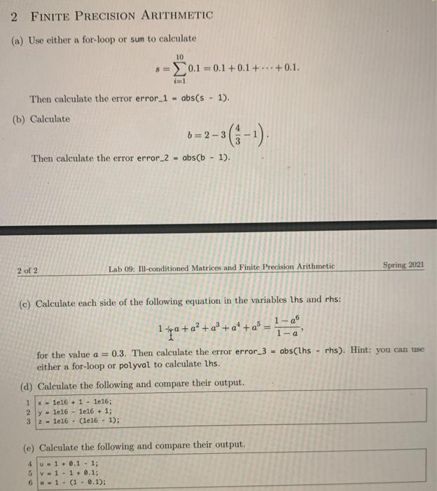 Solved 2 Finite Precision Arithmetic A Use Either A