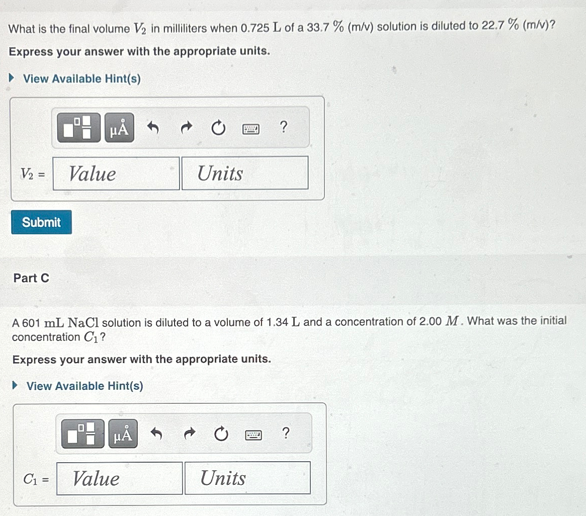 Solved What is the final volume V2 ﻿in milliliters when | Chegg.com