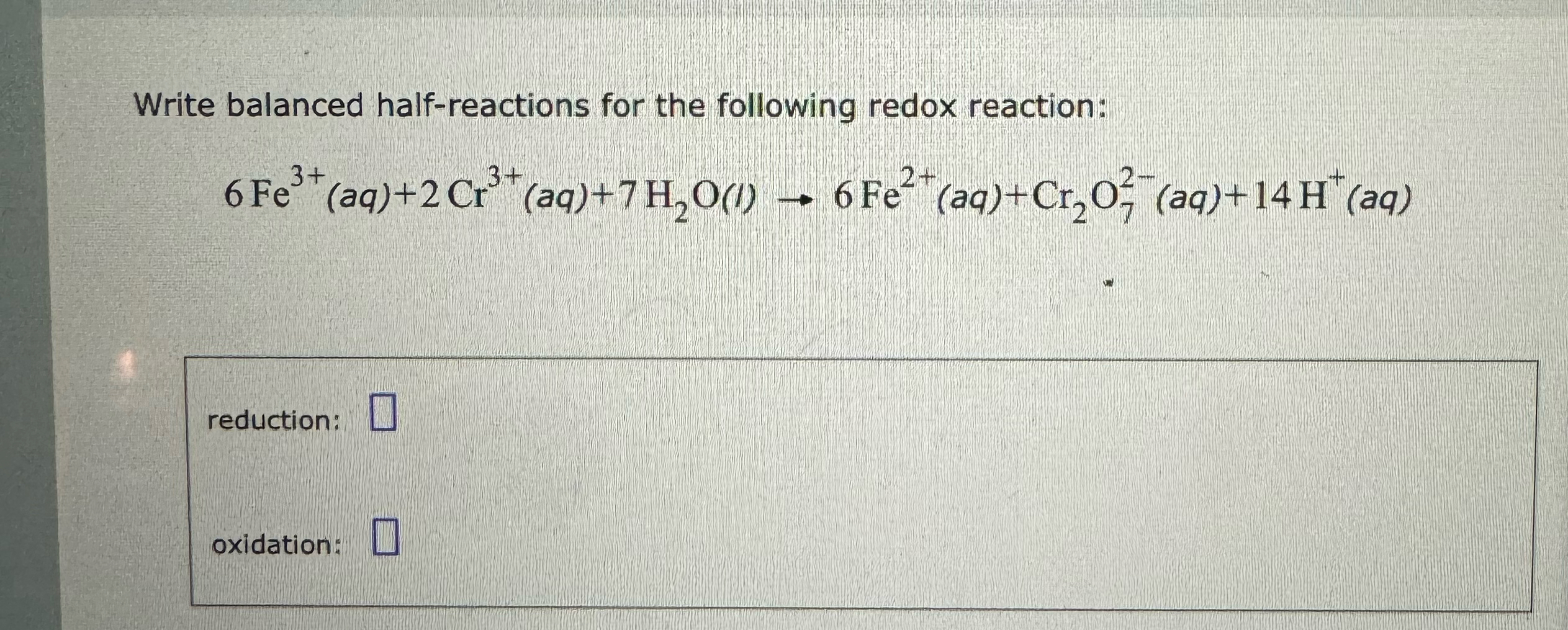 Solved Write balanced half-reactions for the following redox | Chegg.com