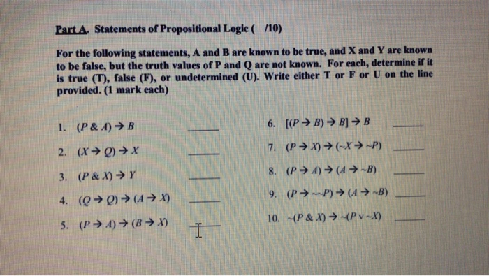 Solved Part A. Statements of Propositional Logic ( 710) For | Chegg.com