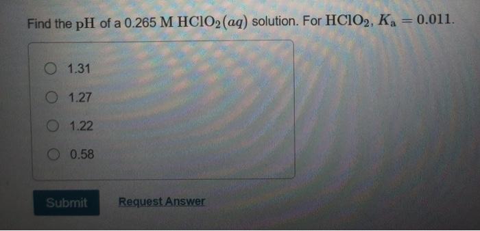 Solved Find the pH of a 0.265 M HClO2(aq) solution. For | Chegg.com