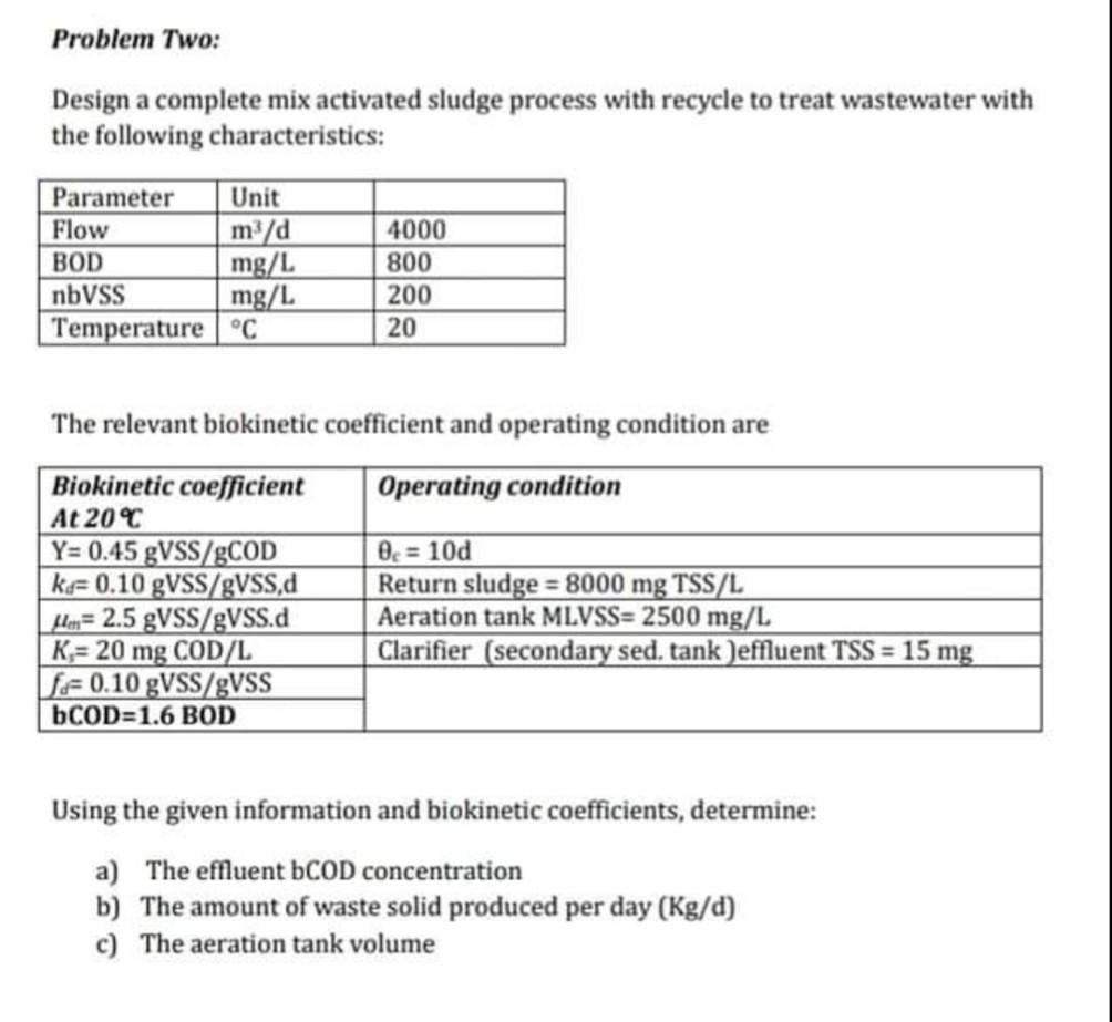 Solved Problem Two: Design a complete mix activated sludge | Chegg.com