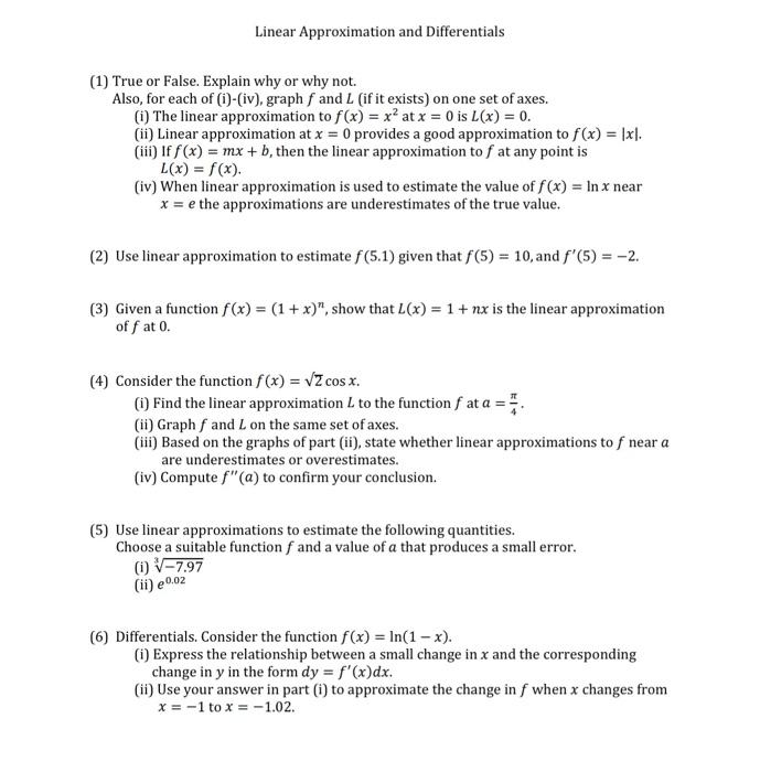 Linear Approximation and Differentials (1) True or | Chegg.com