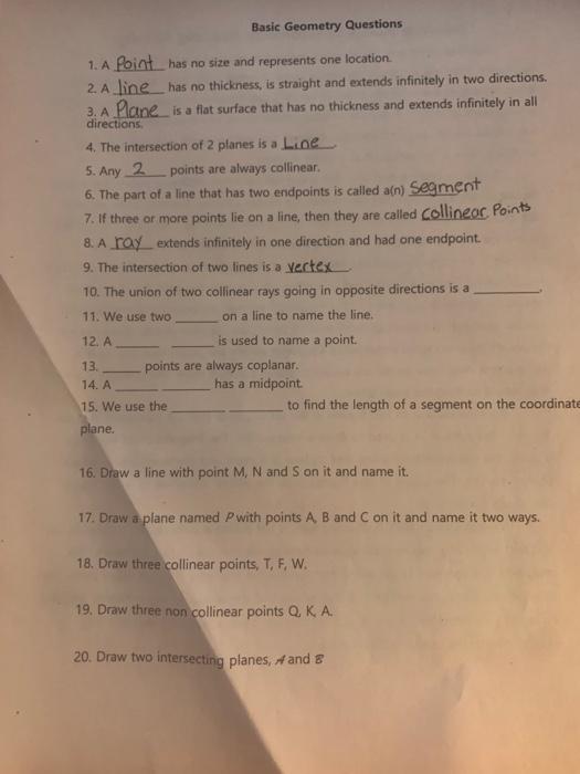 Solved Basic Geometry Questions 1. A Point has no size and | Chegg.com