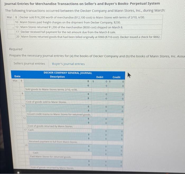 Solved Journal Entries for Merchandise Transactions on | Chegg.com