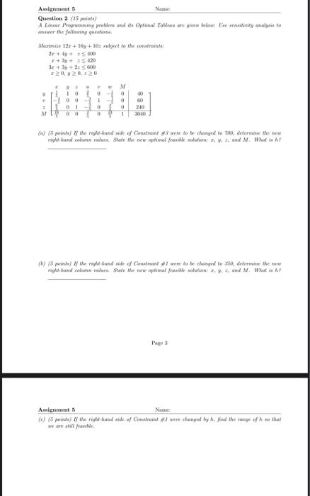Solved Assignments Question 2 (15) Linear Programming | Chegg.com