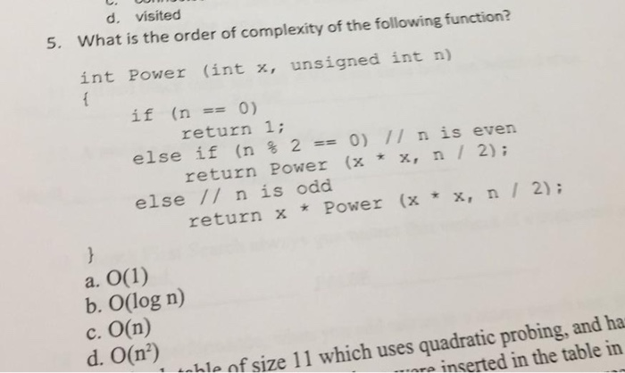 Solved d. visited 5. What is the order of complexity of the | Chegg.com