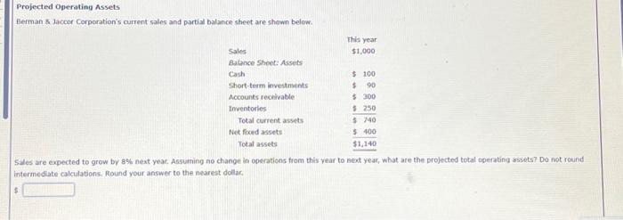 Solved Projected Operating Assets Berman : S laccor | Chegg.com