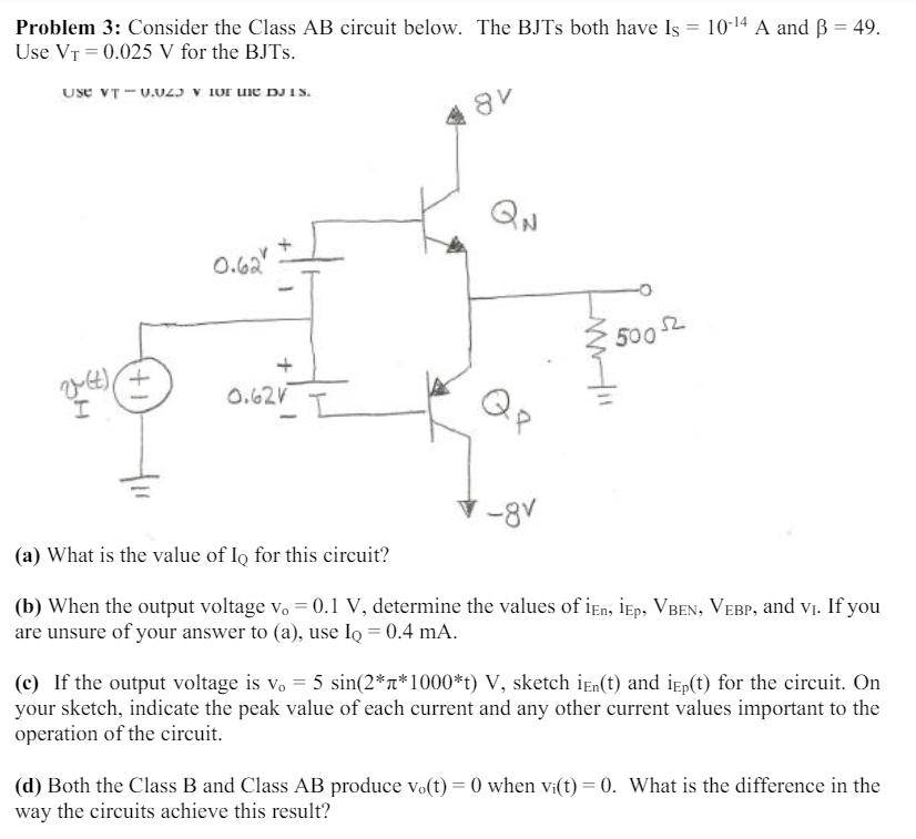 Solved Problem 3: Consider the Class AB circuit below. The | Chegg.com