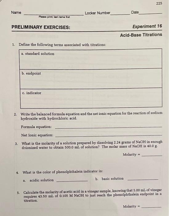 Solved Name Locker Number Date PRELIMINARY EXERCISES: | Chegg.com