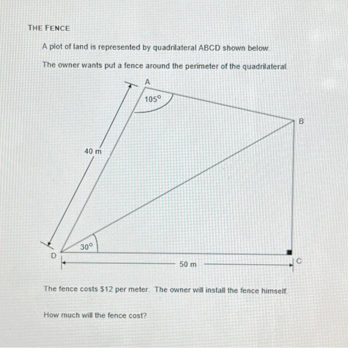 Solved THE FENCE A plot of land is represented by | Chegg.com