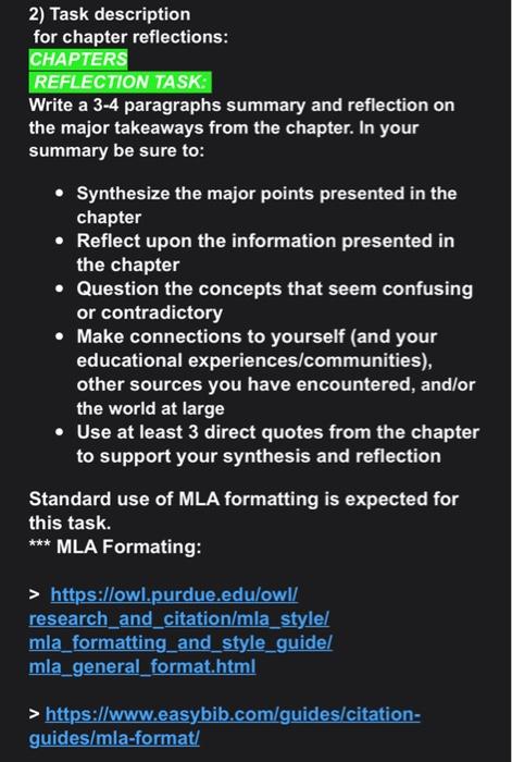 2) Task description for chapter reflections: CHAPTERS | Chegg.com
