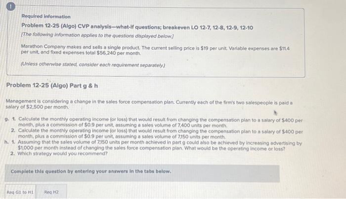 Solved Required information Problem 12-25 (Algo) CVP | Chegg.com