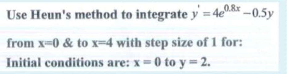 Solved Use Heun's method to integrate y' = 4e0.8x – 0.5y | Chegg.com