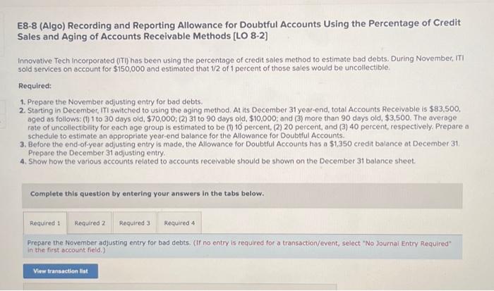 Solved E8-8 (Algo) Recording and Reporting Allowance for | Chegg.com