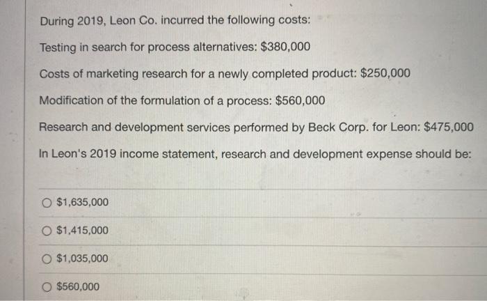 Solved During 2019, Leon Co. incurred the following costs: | Chegg.com Solved During 2019, Leon Co. incurred the following costs: | Chegg.com