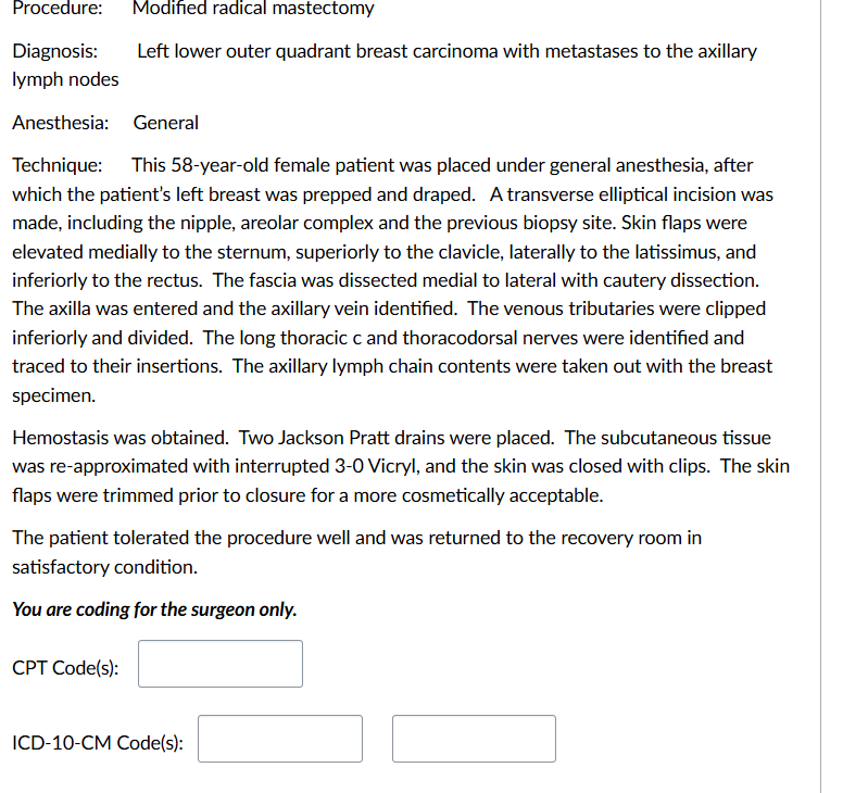 Solved Procedure: Modified radical mastectomy Diagnosis: | Chegg.com