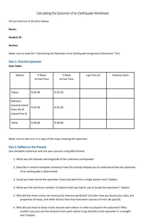 Solved Calculating the Epicenter of an Earthquake Worksheet | Chegg.com
