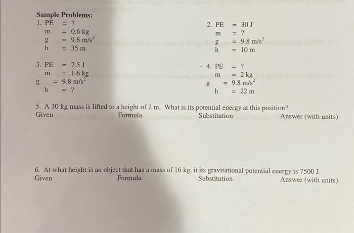 Solved Sample Problems: 1. PE m g h=?=0.6 kg=9.8 m/s2=35 m | Chegg.com