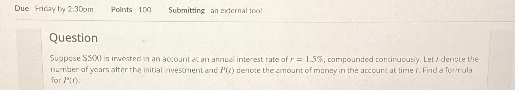 Solved Due Friday by 2:30pm Points 100 ﻿Submitting an | Chegg.com