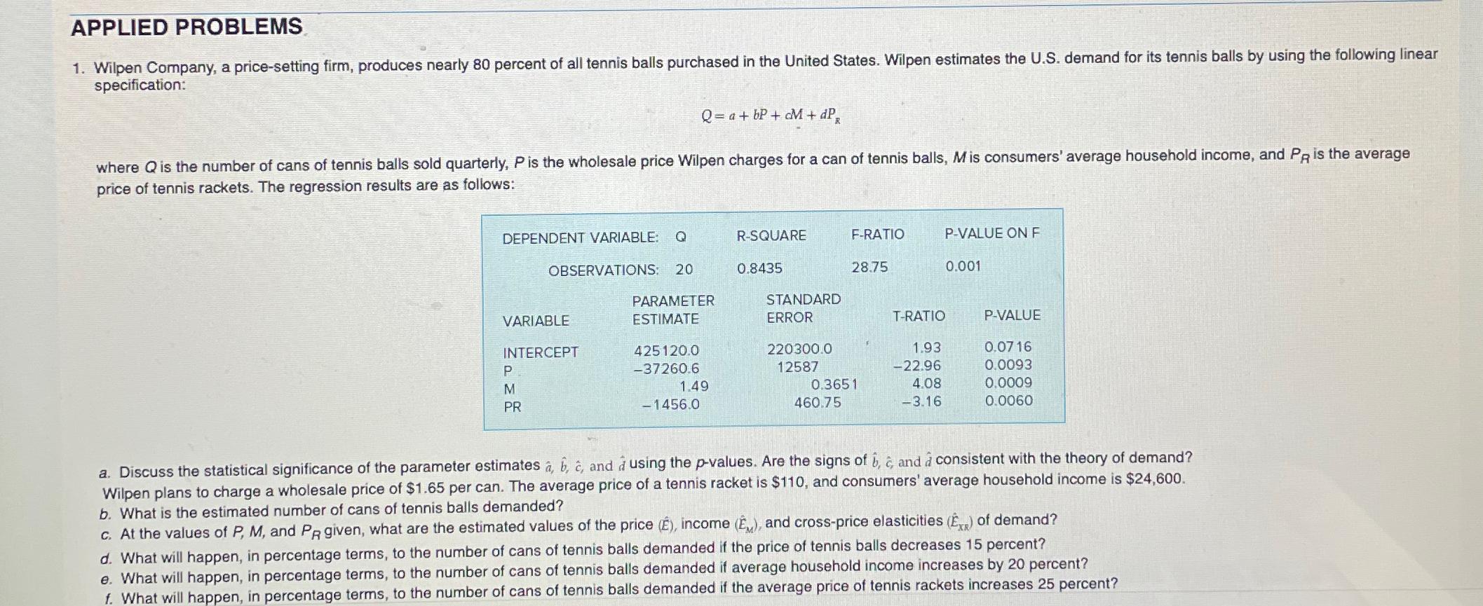 Solved APPLIED PROBLEMS specification:Q=a+bP+cM+dPRprice of | Chegg.com