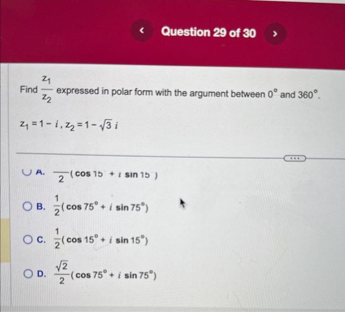 Solved Find z2z1 expressed in polar form with the argument | Chegg.com