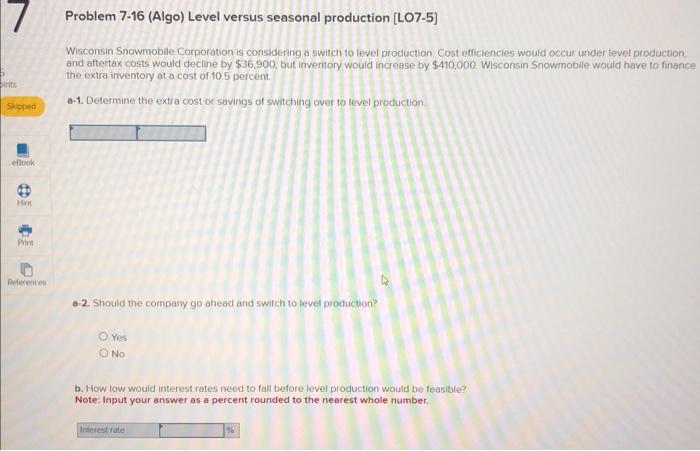 Solved Problem 7-16 (Algo) Level versus seasonal production | Chegg.com