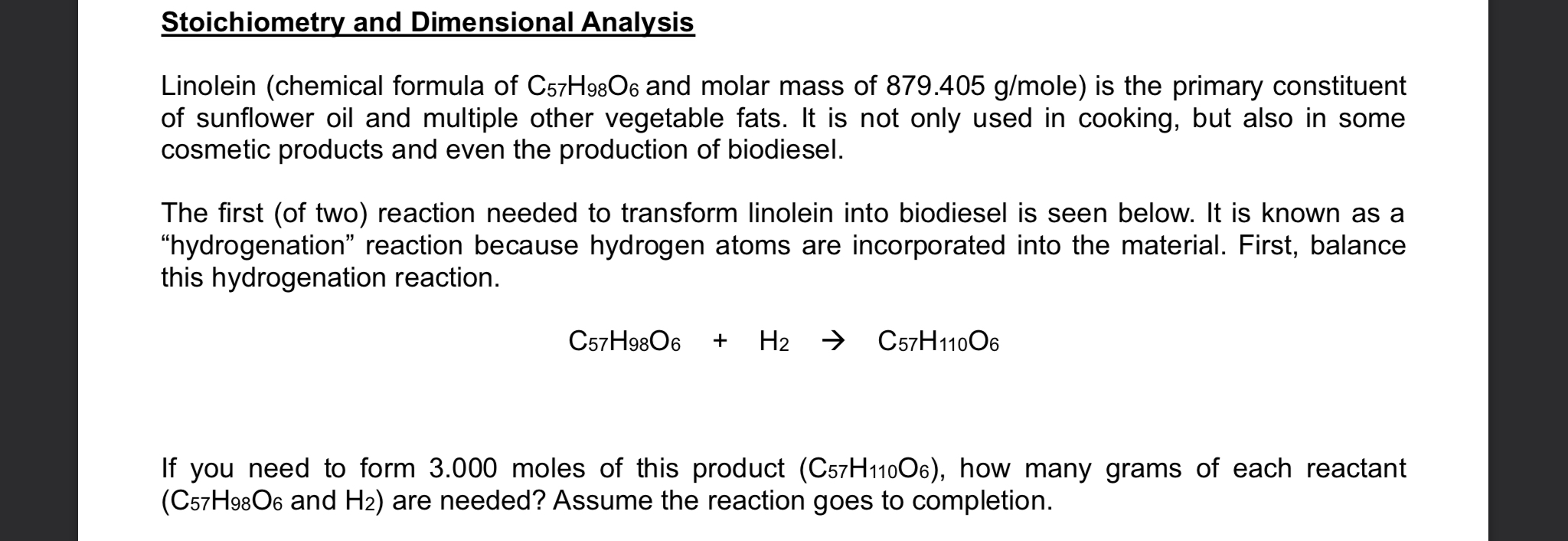 Solved Stoichiometry and Dimensional AnalysisLinolein | Chegg.com
