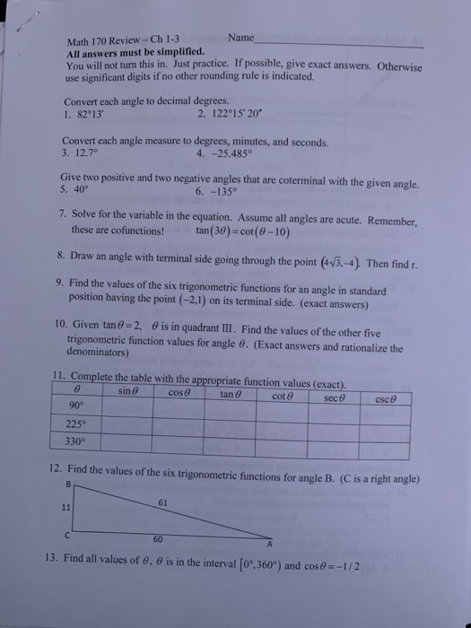 Solved Math 170 Review - Ch 1-3 Name All answers must be | Chegg.com