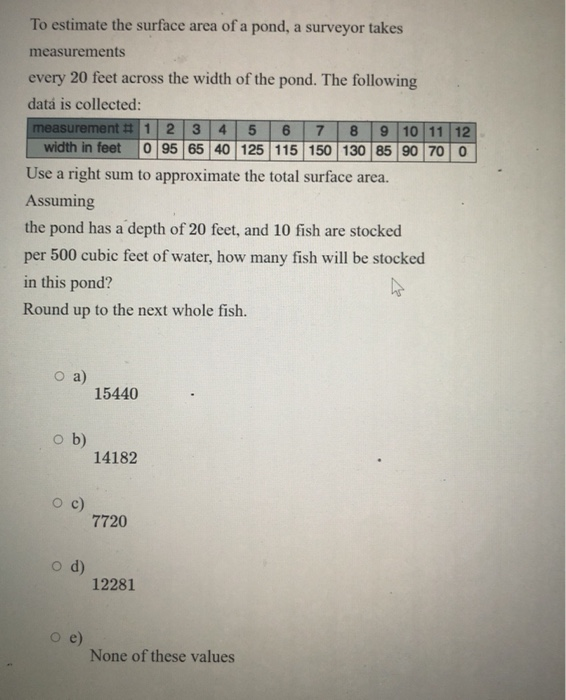 Solved To estimate the surface area of a pond, a surveyor | Chegg.com