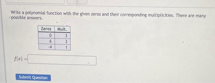 Solved Write a polynomial function with the given zeros and | Chegg.com