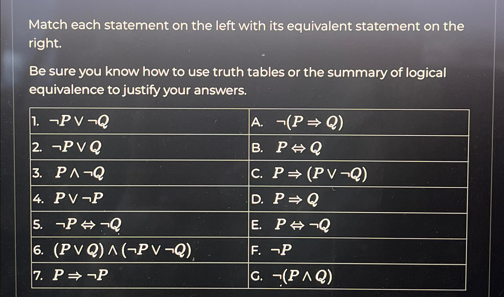 Solved Match each statement on the left with its equivalent | Chegg.com