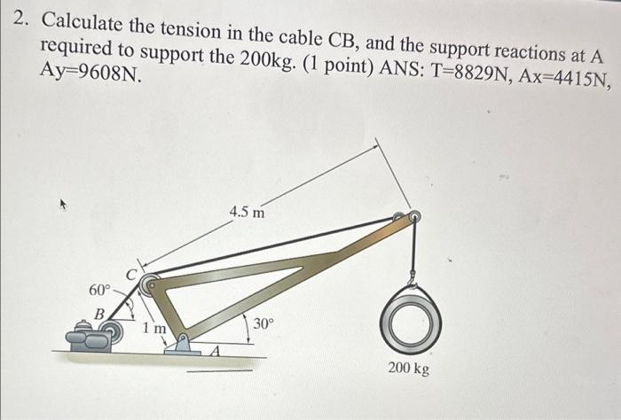 Solved . Calculate the tension in the cable CB, and the | Chegg.com
