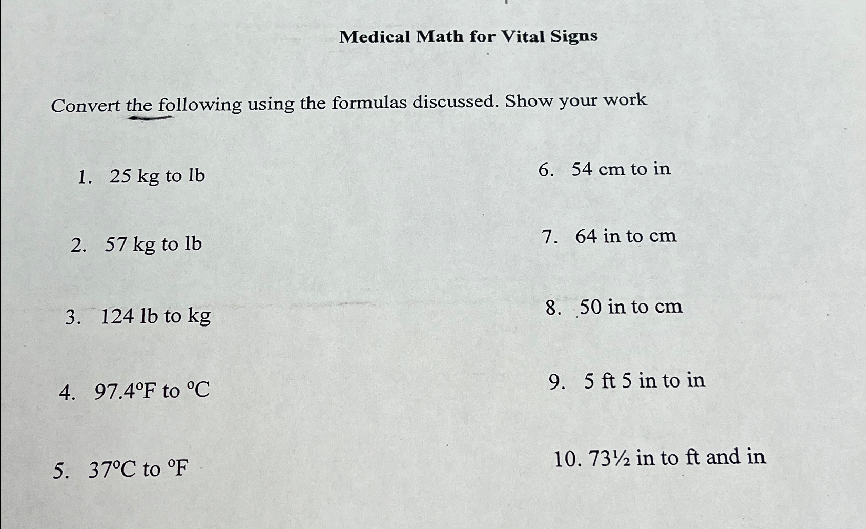 Solved Medical Math for Vital SignsConvert the following | Chegg.com