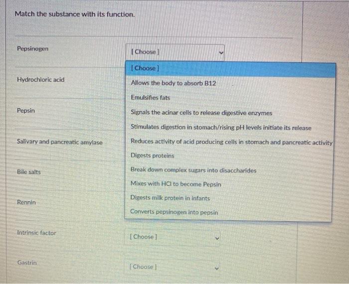 Solved Match the substance with its function. Pepsinogen | Chegg.com
