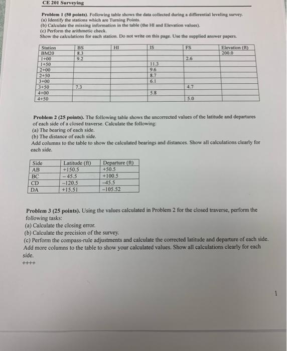 Solved Surveying Problem 1 (50 points). Following table | Chegg.com