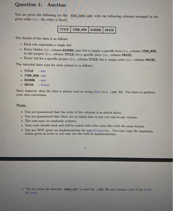 Solved You are given the following csv file: bid_info.cev | Chegg.com