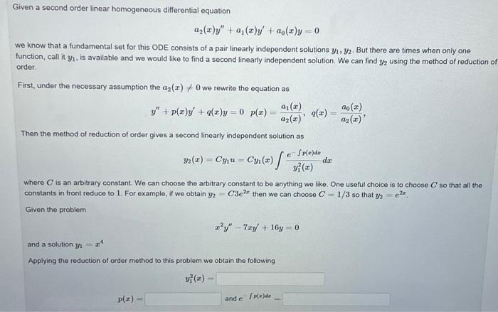 Solved Given a second order linear homogeneous differential | Chegg.com