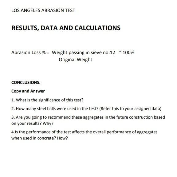 Solved LOS ANGELES ABRASION TEST RESULTS, DATA AND | Chegg.com