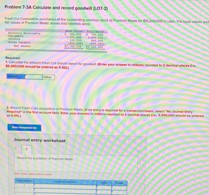 Solved Problem 7-3A Calculate and record goodwill (L07-2) | Chegg.com