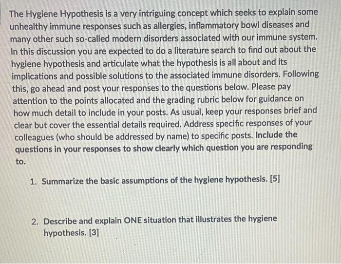 Solved The Hygiene Hypothesis is a very intriguing concept | Chegg.com