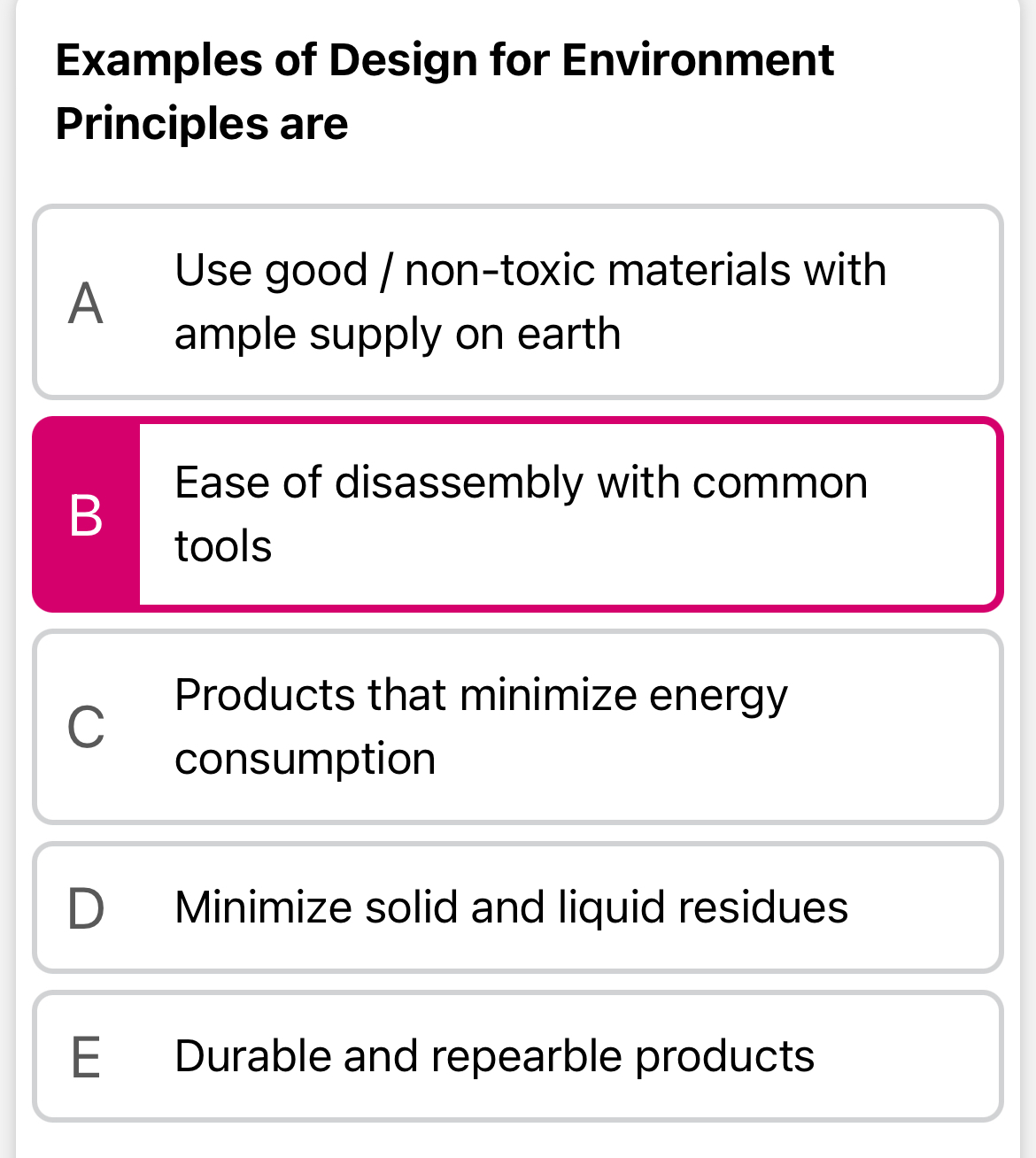 Solved Examples of Design for Environment Principles areA | Chegg.com