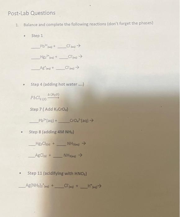 Solved Post-Lab Questions 1. Balance and complete the | Chegg.com