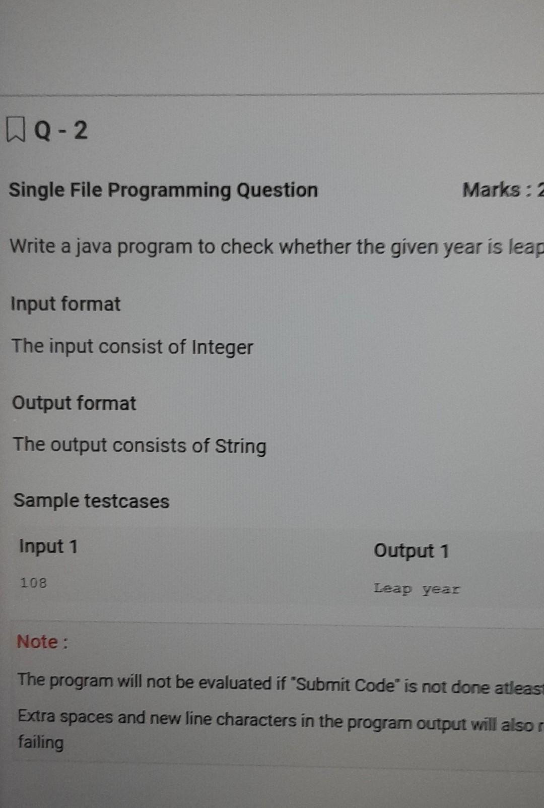 Solved W Q-2 Single File Programming Question Marks : 2 | Chegg.com