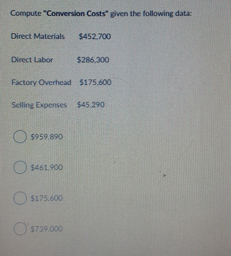Solved Compute "Conversion Costs" given the following data: | Chegg.com