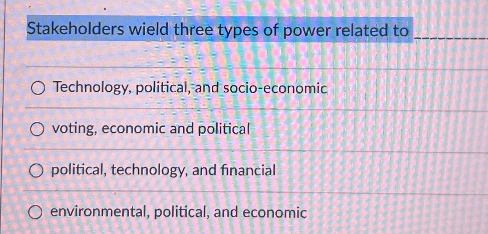 Solved Stakeholders wield three types of power related | Chegg.com