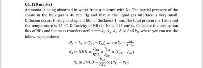 Solved Q1. (20 marks) Ammonia is being absorbed in water | Chegg.com