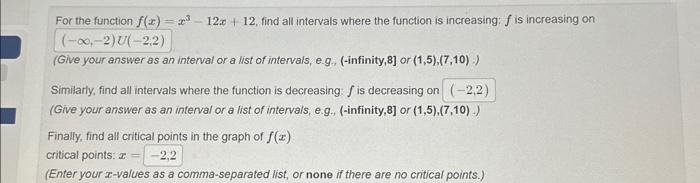 Solved For the function f(x)=x3−12x+12, find all intervals | Chegg.com